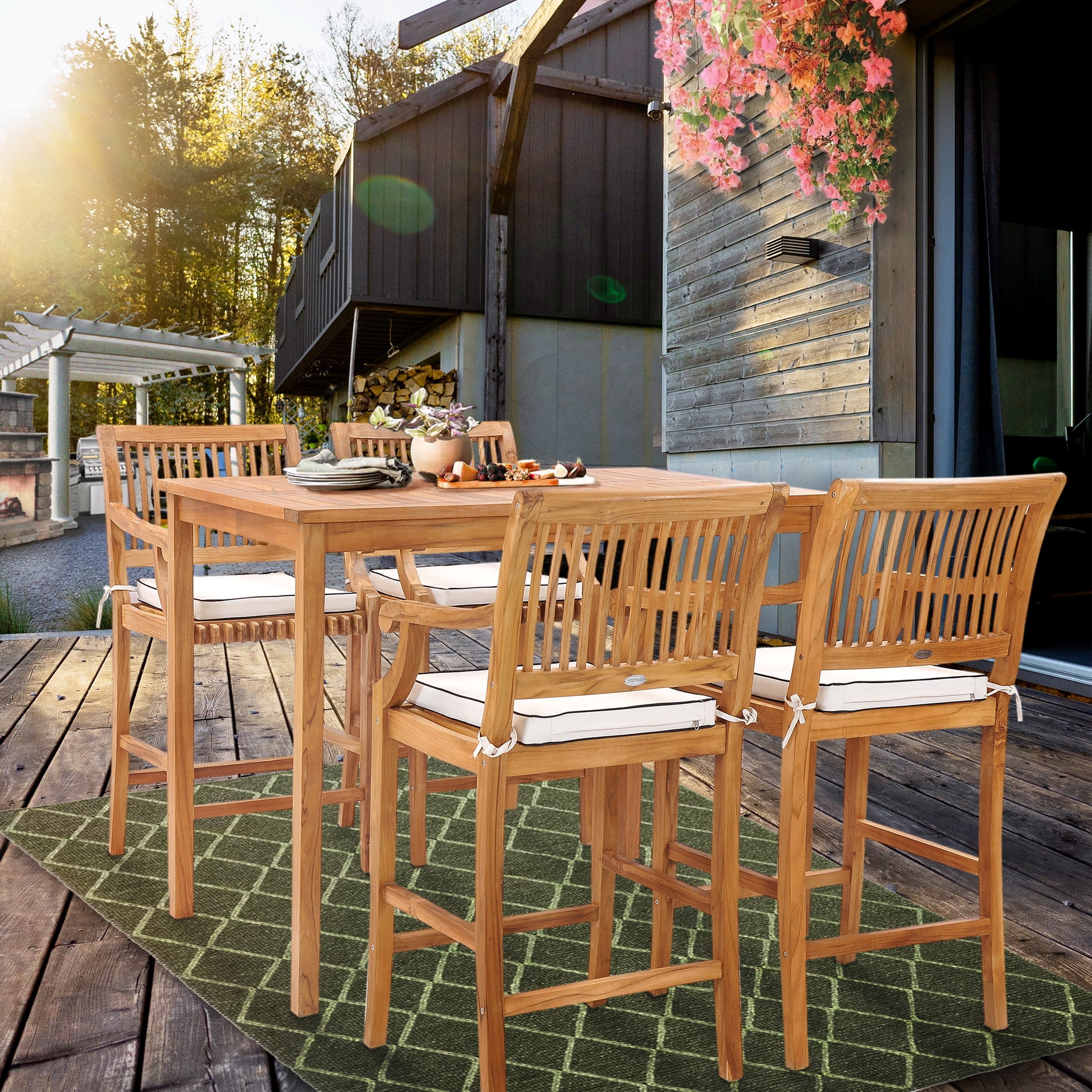 5 Piece Teak Wood Castle 55" Rectangular Outdoor Patio Bistro Bar Set ...
