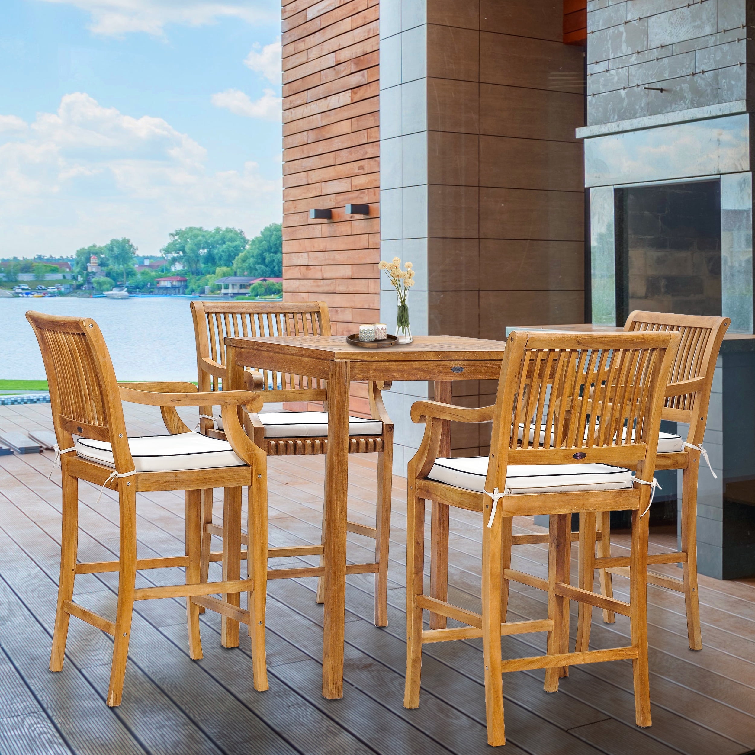 5 Piece Teak Wood Castle Outdoor Patio Bistro Bar Set including 35" Bar ...