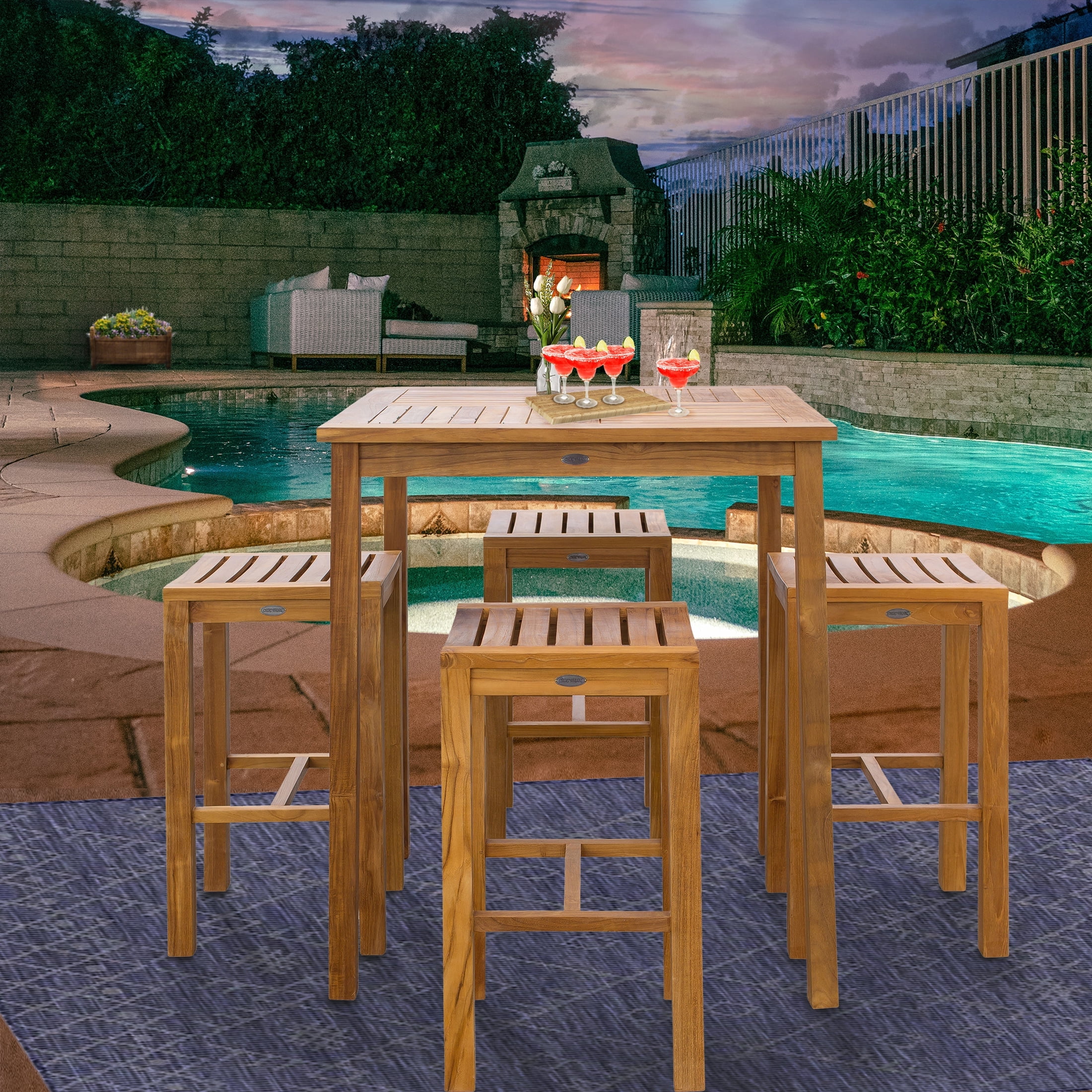 5 Piece Teak Wood Havana Outdoor Patio Bistro Bar Set with 35" Square ...