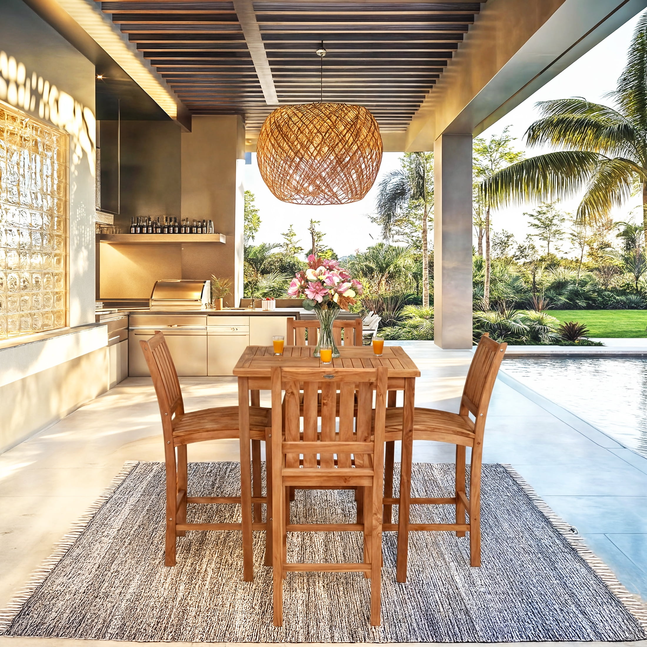 5 Piece Teak Wood Outdoor Patio Bar Set Including 35" Square Bistro Bar ...