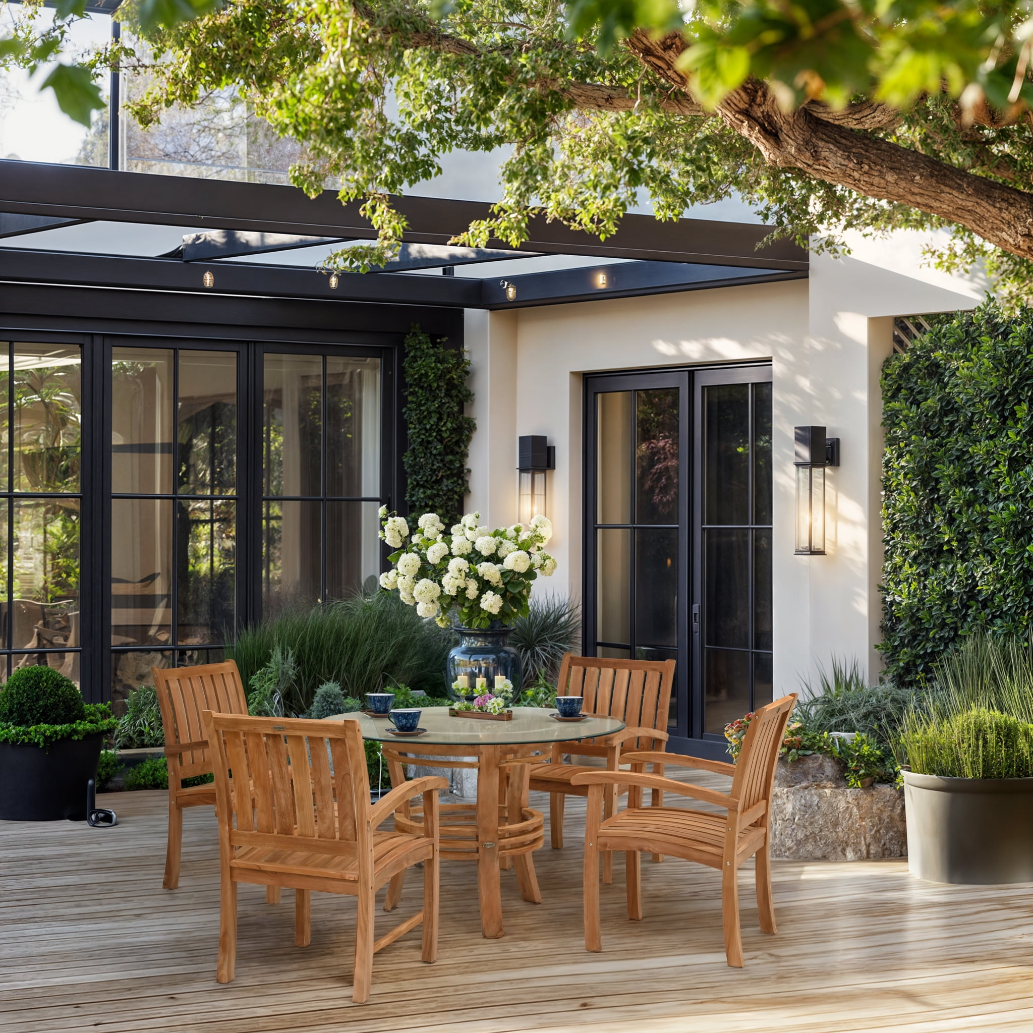 5 Piece Teak Wood Outdoor Patio Dining Set Including 47" Round Half ...