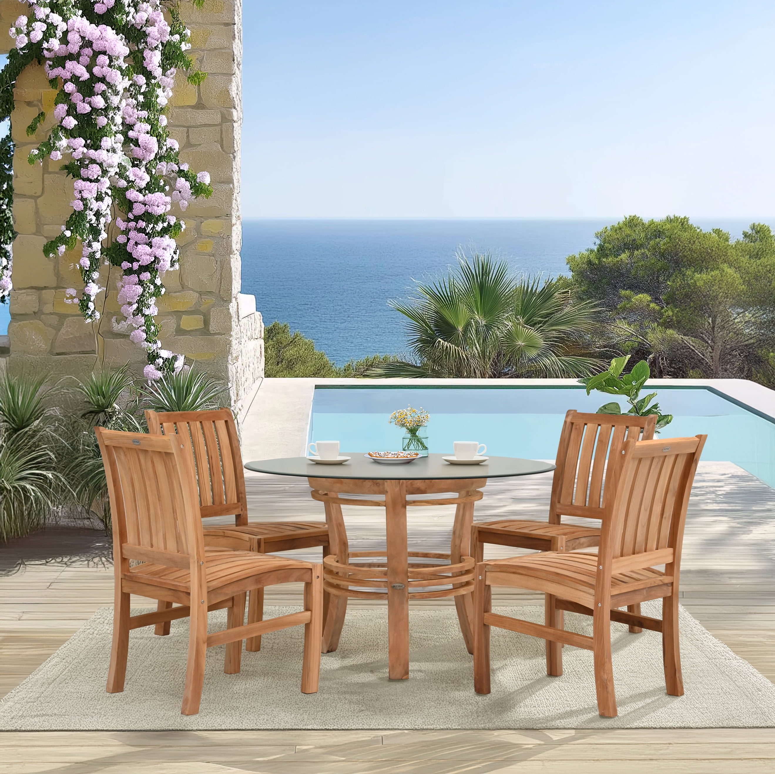 5 Piece Teak Wood Outdoor Patio Dining Set Including 47" Round Half ...