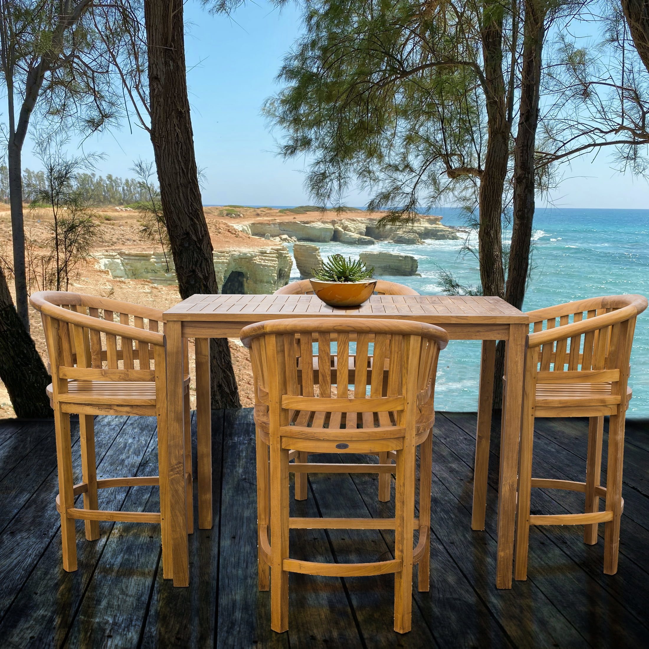 5 Piece Teak Wood Peanut Patio Bistro Bar Set with 4 Bar Chairs and 55 ...