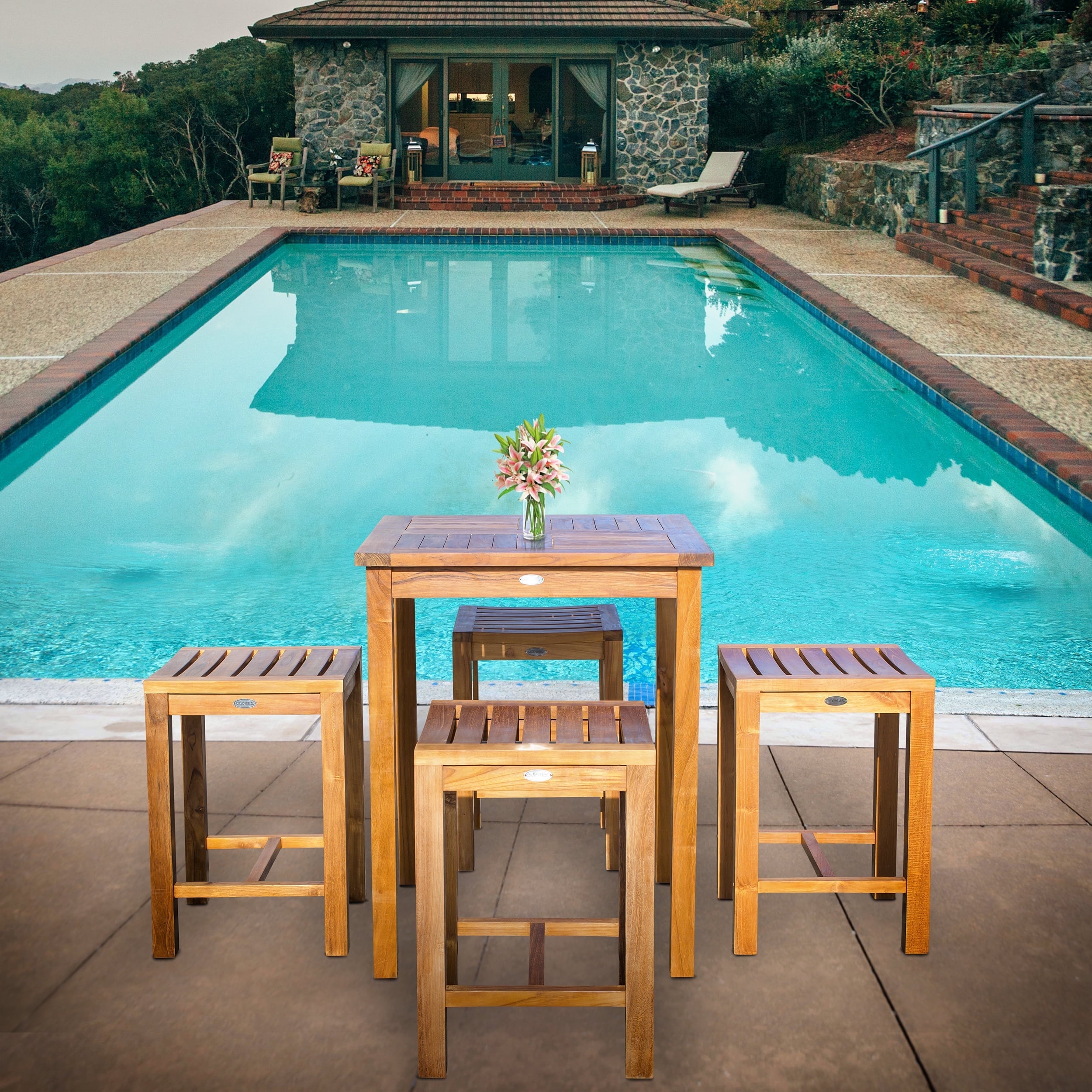 5 Piece Teak Wood Seville Small Counter Height Outdoor Patio Bistro ...