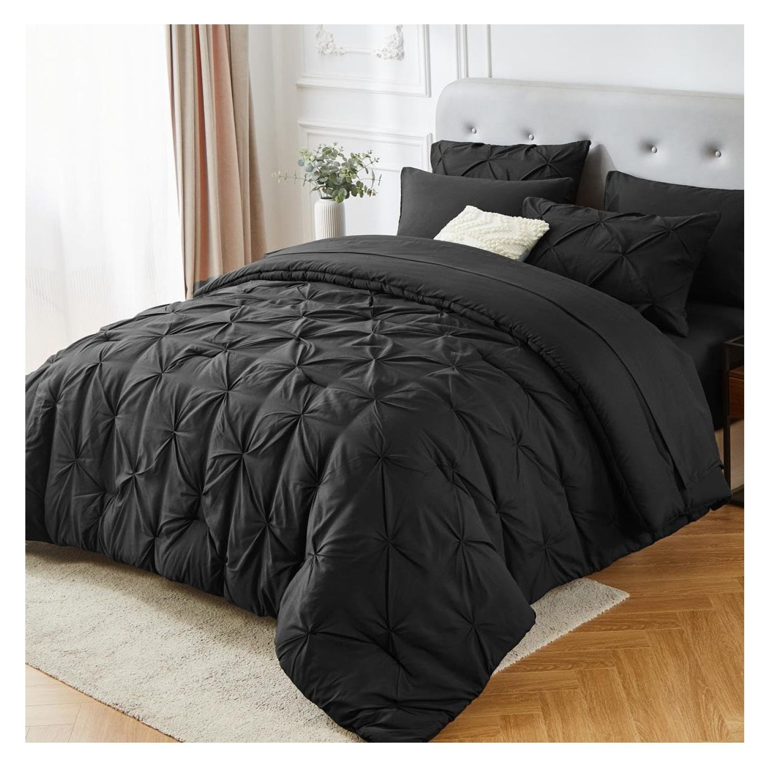 5 Piece Twin Bed in a Bag Pintuck Bedding Comforter Set(Black,Twin ...