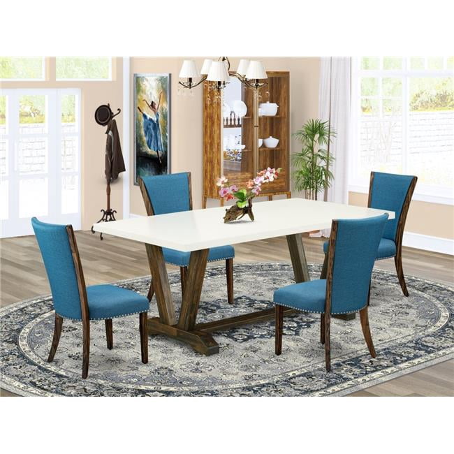 5 Piece V-Style Kitchen Table Set - Distressed Jacobean, Linen White ...