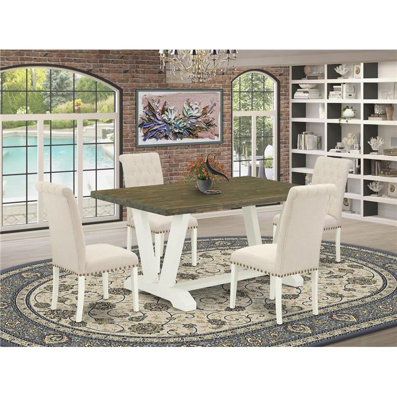5 Piece V-Style Stylish Dinette Set - Light Beige, Distressed Jacobean ...