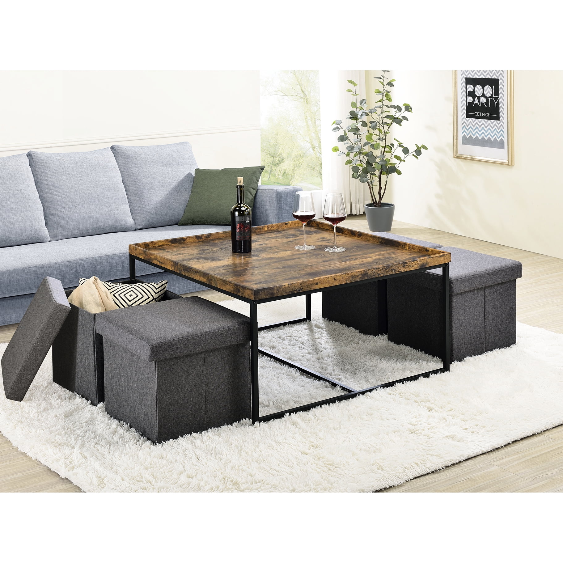 5 Piece Weathered Oak Wood Grain Coffee Table , 35", 4 Storage Stools ...