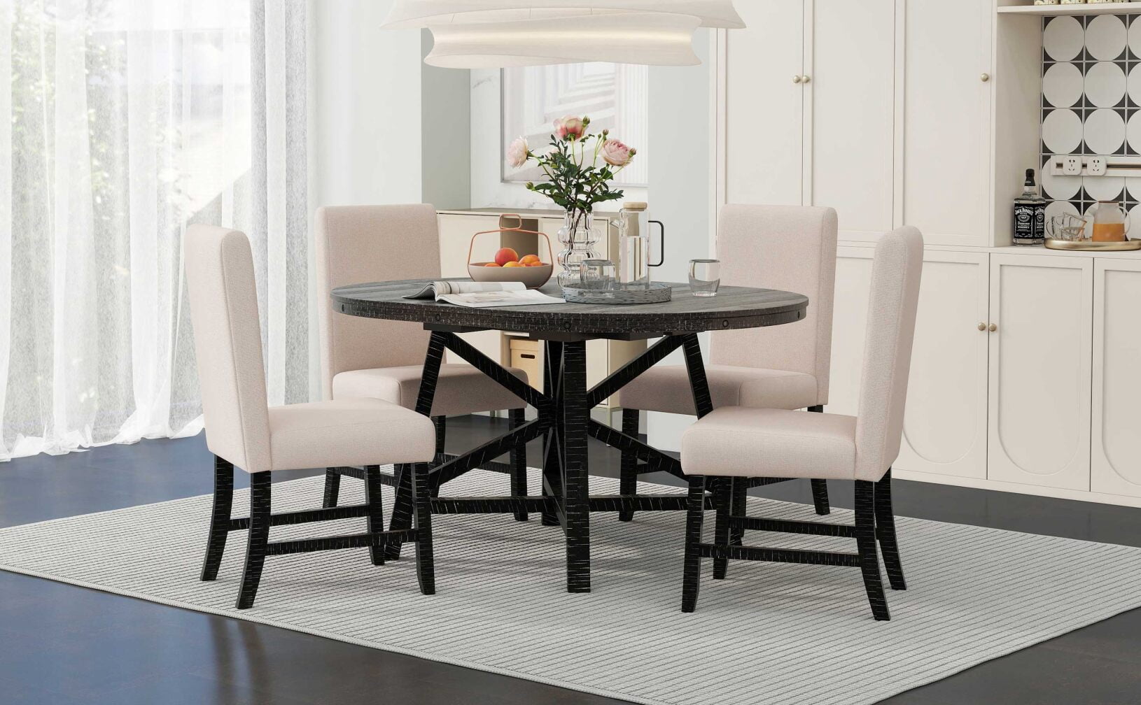 5 Piece Wood Round Dining Table Set, Extendable Round Table Set with ...