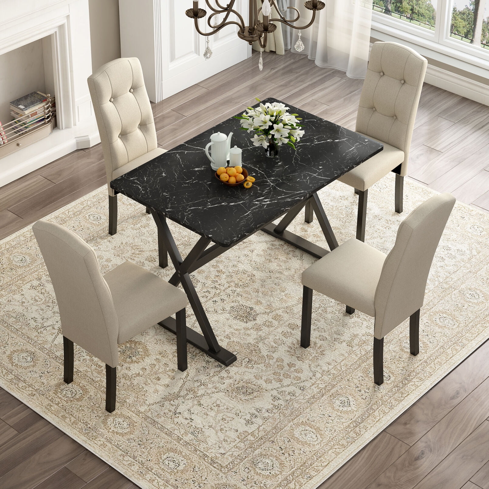 5-Piece Wooden Dining Table Set for 4, Table with Faux Marble Tabletop ...