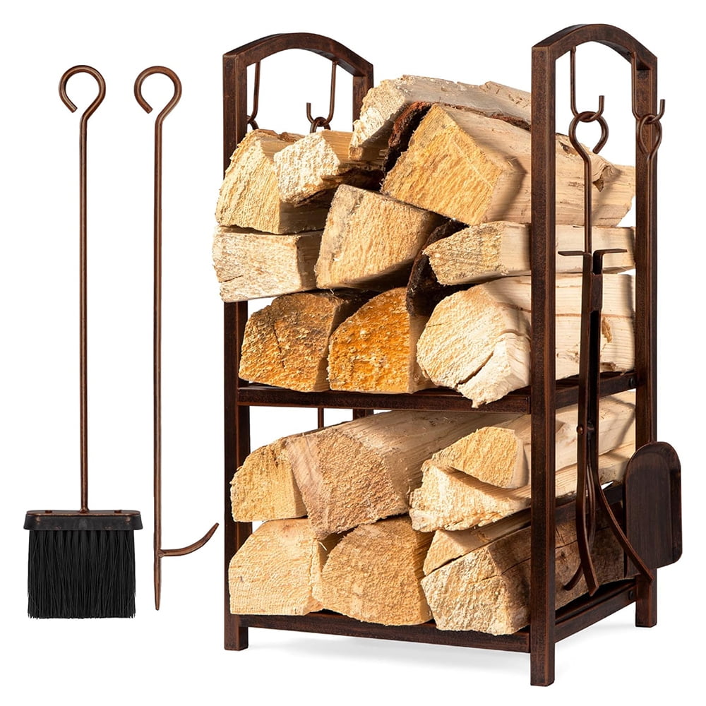 5-Piece Wrought Iron Firewood Log Storage Rack, Indoor and Outdoor ...
