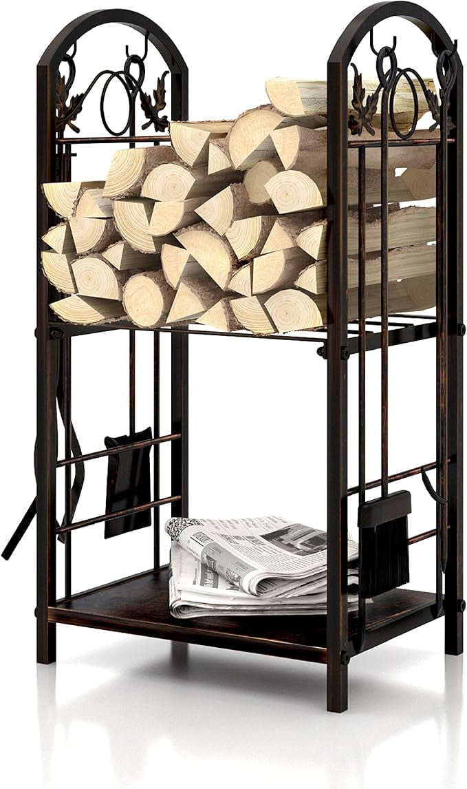 5-Piece Wrought Iron Firewood Log Storage Rack Holder Tools Set for ...