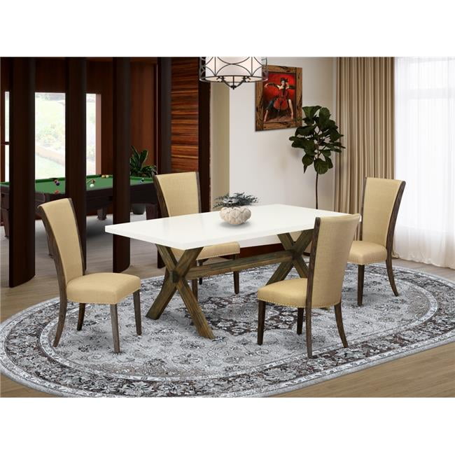 5 Piece X-Style Dinette Set - Distressed Jacobean, Linen White & Brown ...