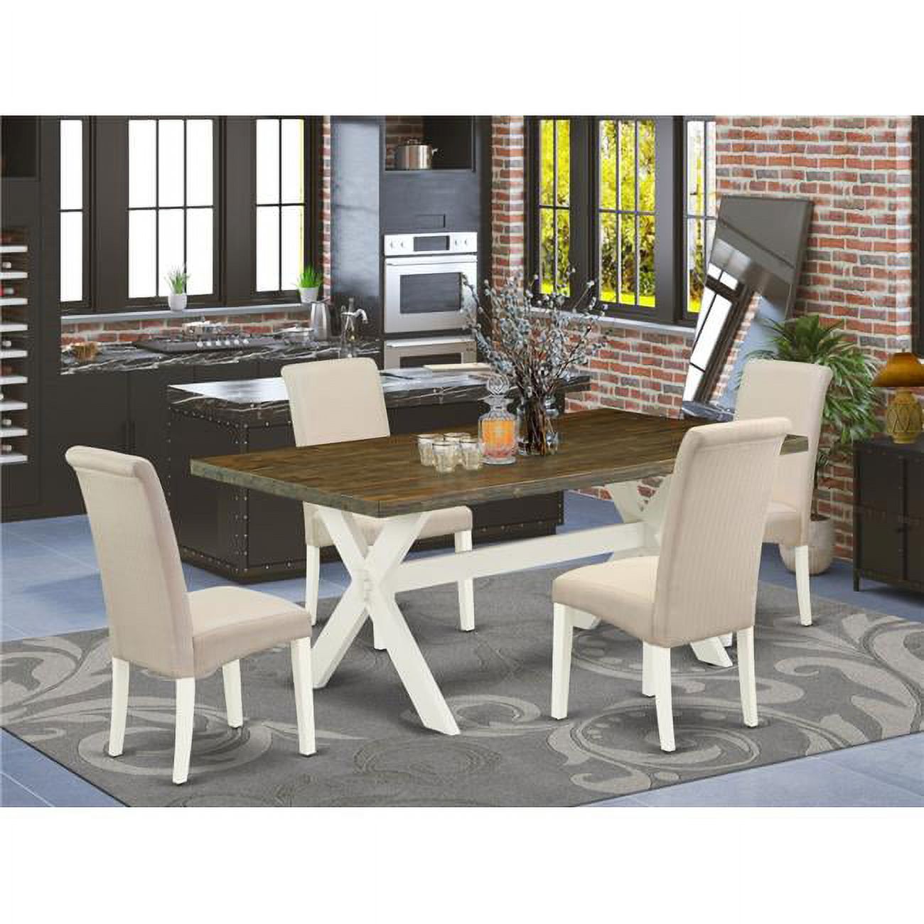 5 Piece X-Style Modern Dining Table Set - Cream & Distressed Jacobean ...