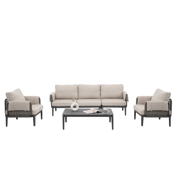 5 Pieces Aluminum Patio Furniture Set Rope Woven Outdoor Conversation ...