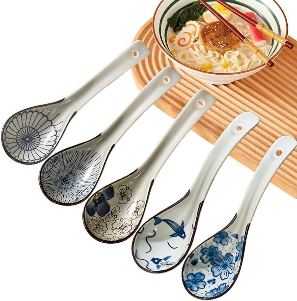 5 Pieces Asian Soup Spoons, Ceramic Chinese Soup Spoons, Deep Oval Hook ...