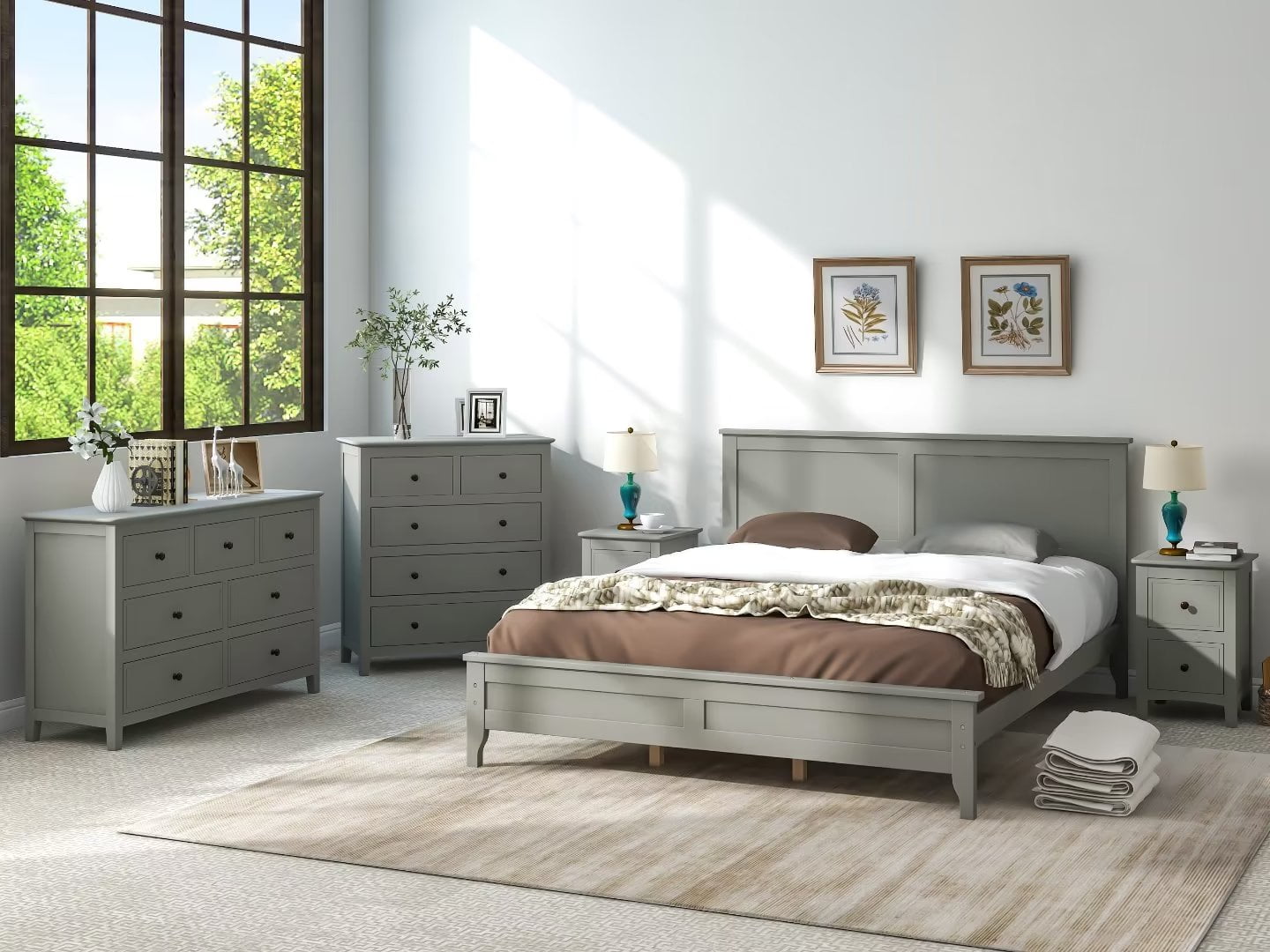 5 Pieces Bedroom Set, Includes Queen Size Platform Bed Frame, 2 ...