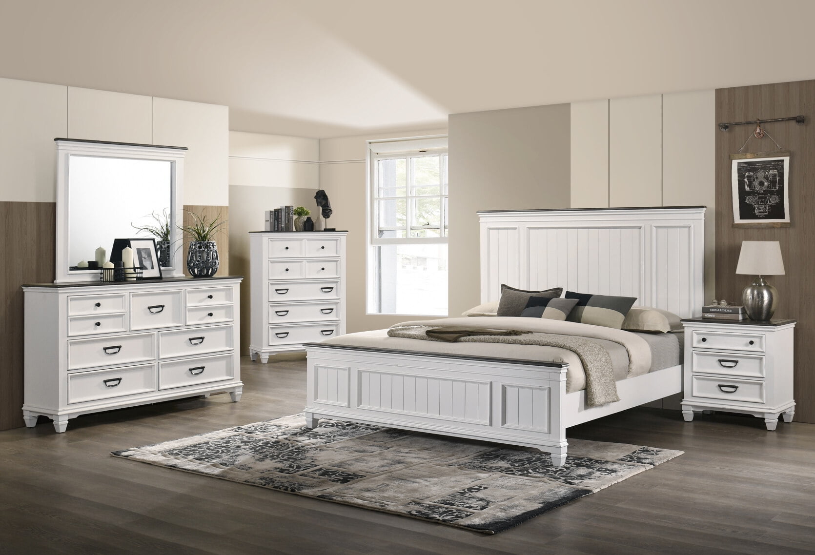 5-Pieces Bedroom Wood Furniture Sets, White Wash Finish Bedroom Sets ...