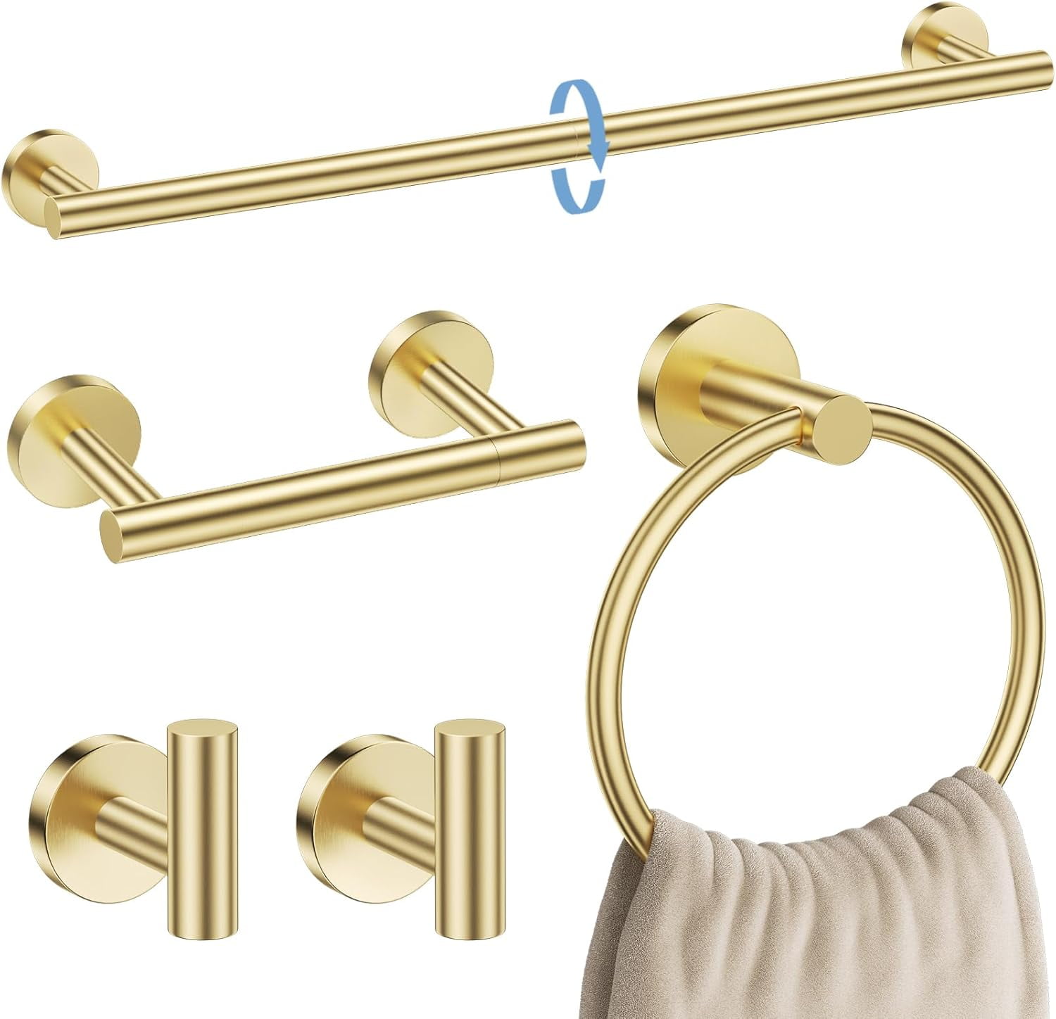 5 Pieces Brushed Gold Round Towel Bar Set Bathroom Hardware Accessories ...