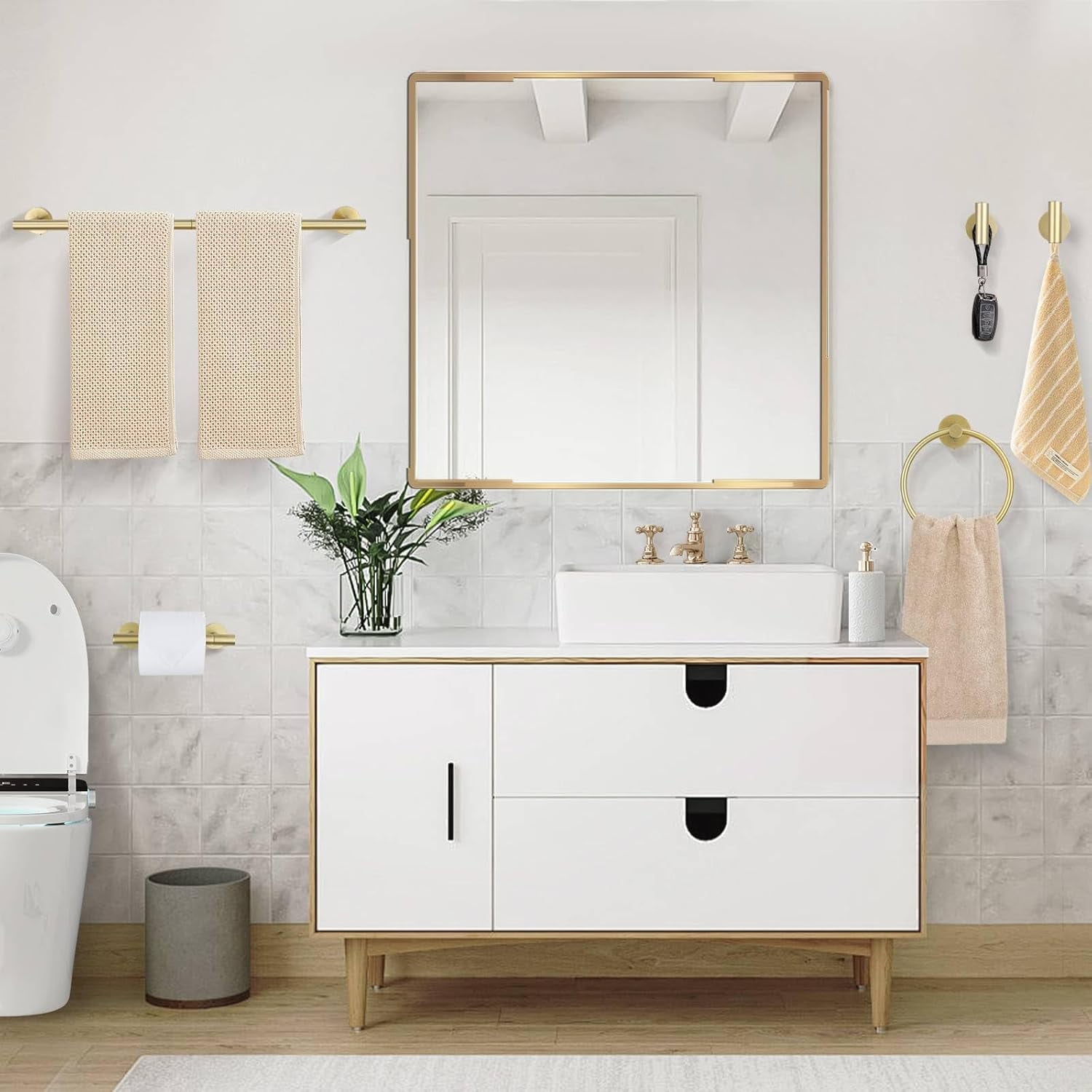 5 Pieces Brushed Gold Towel Bar Set, Upgraded Round Bathroom Hardware ...