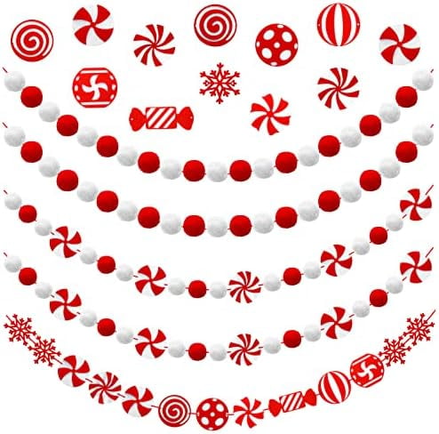 5 Pieces Christmas Peppermint Candy Garland 33 Feet Snowflake Pom Pom ...