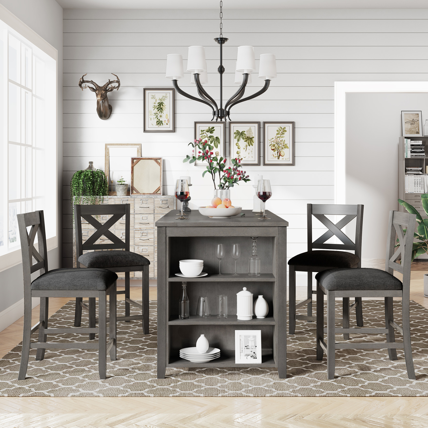 Solid Wood 5-Piece Counter Height Dining Set, Rustic Farmhouse Style ...