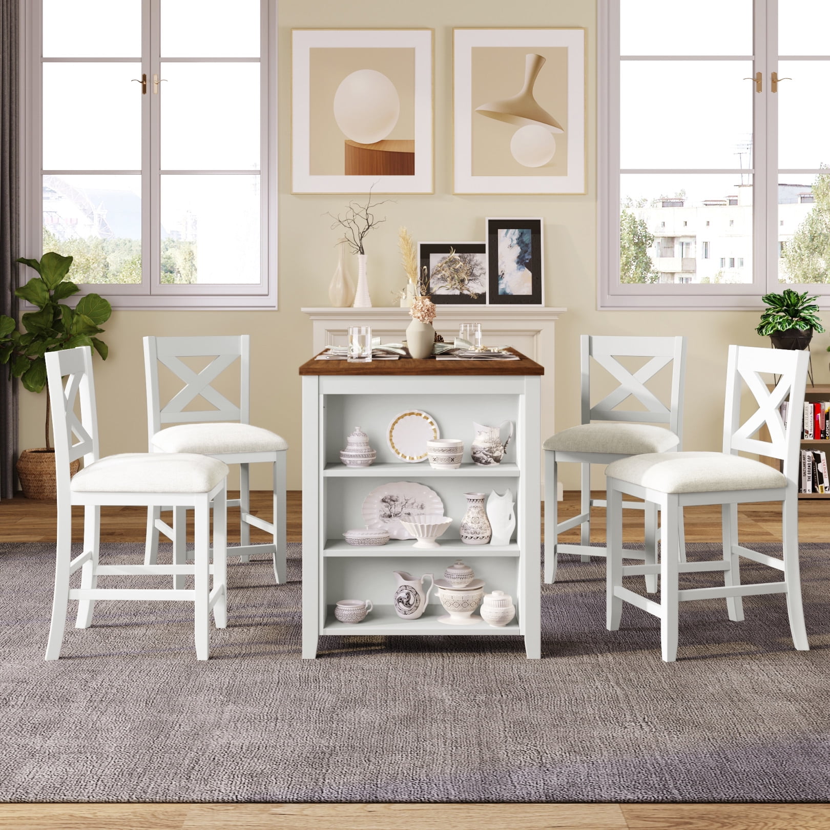 5 Pieces Counter Height Wooden Bar Table Set with 3-Tier Shelf and 4 ...