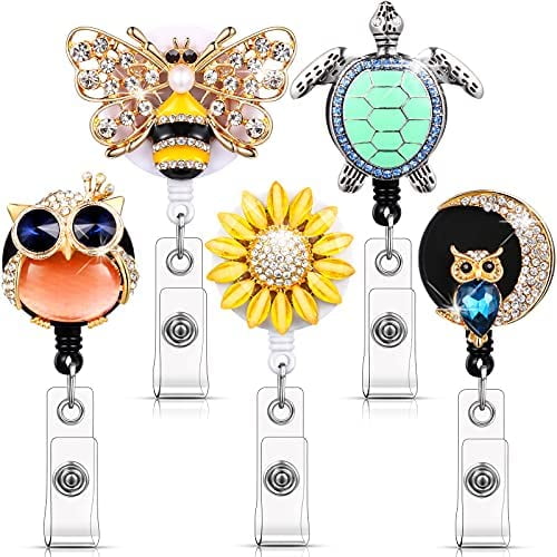 5 Pieces Crystal Badge Reels Retractable Rhinestone Holder ID Name Cute ...
