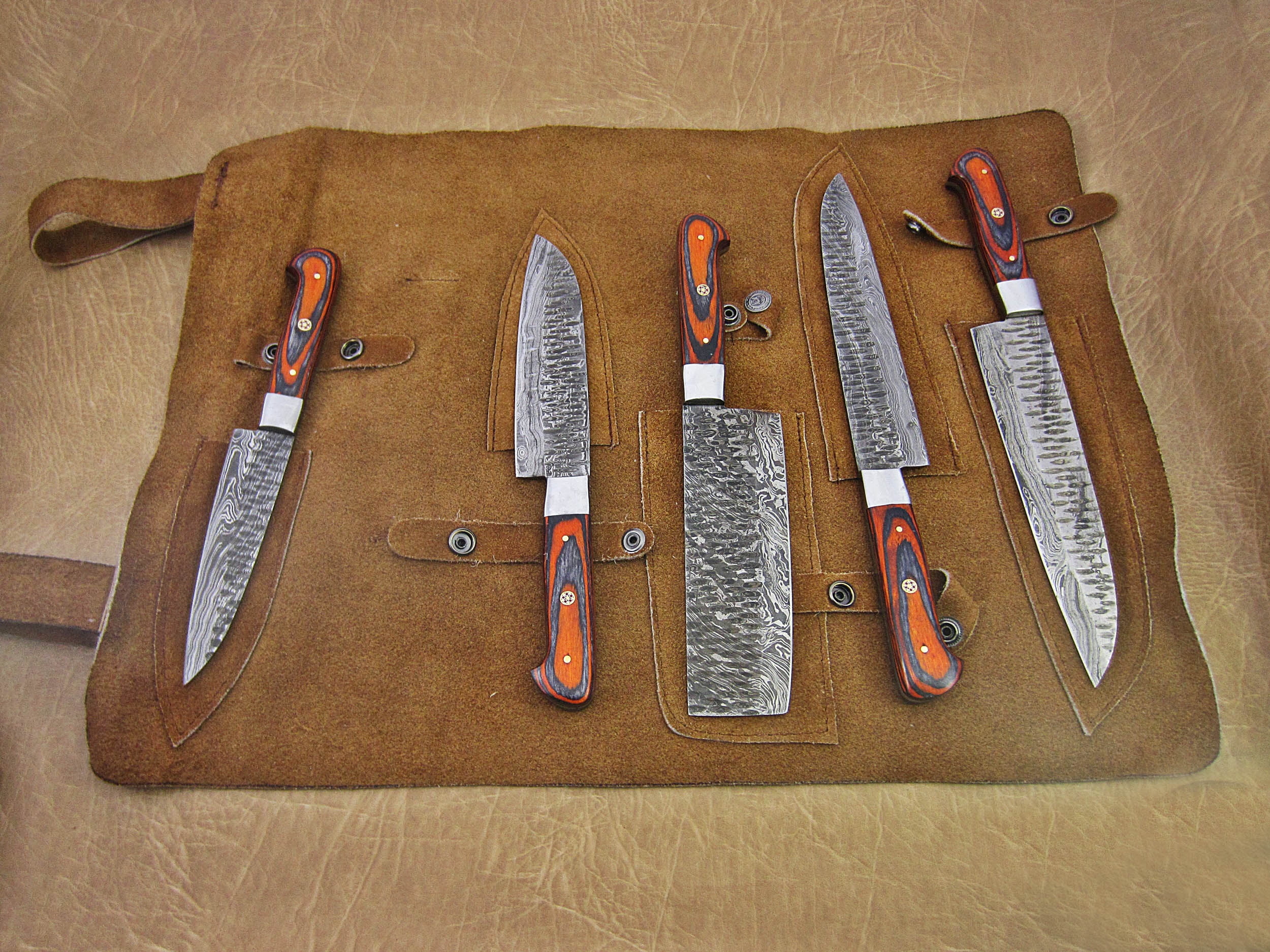 5 Pieces Damascus steel Hammered kitchen knife set, 2 tone Orange wood ...