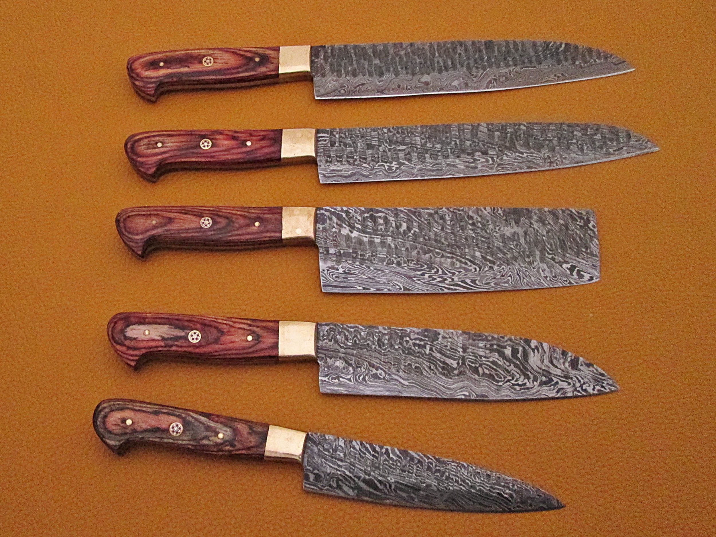5 Pieces Damascus steel Hammered kitchen knife set, Custom made hand forged Damascus steel full ...