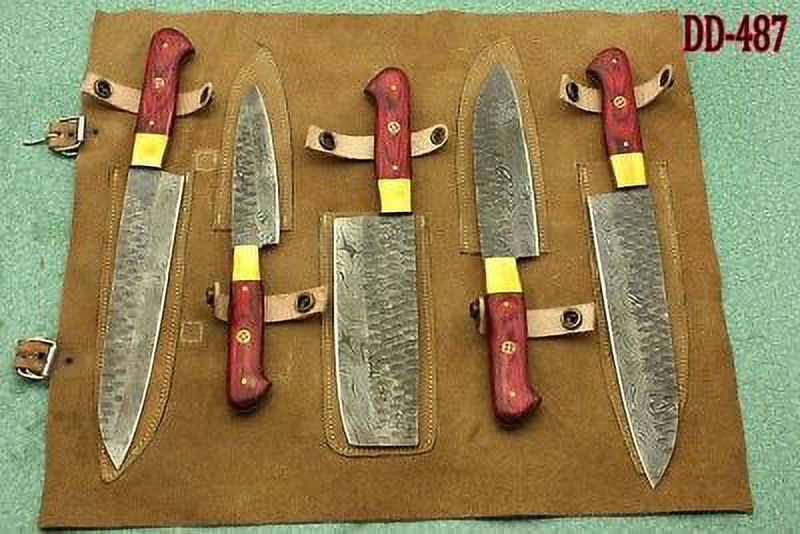 5 Pieces Damascus steel Hammered kitchen knife set, Custom made hand forged Damascus steel full ...