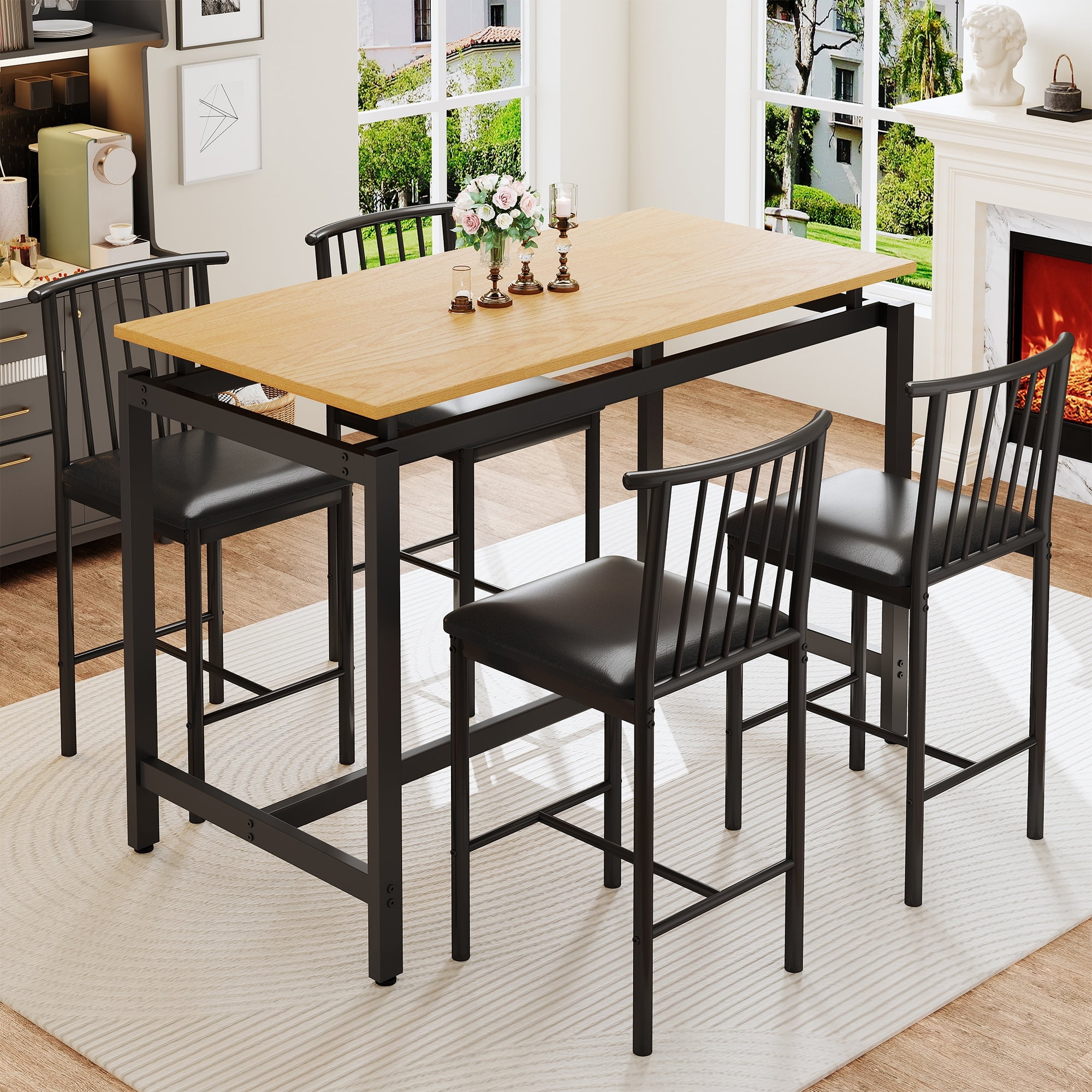 5 Pieces Dining Set, Pub Bar Table Set, PU Stools with Backrest ...