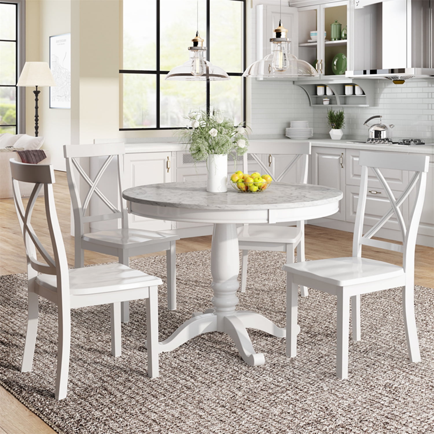 5-Piece Wooden Dinette Set with Faux Marble Table and 4 Upholstered ...
