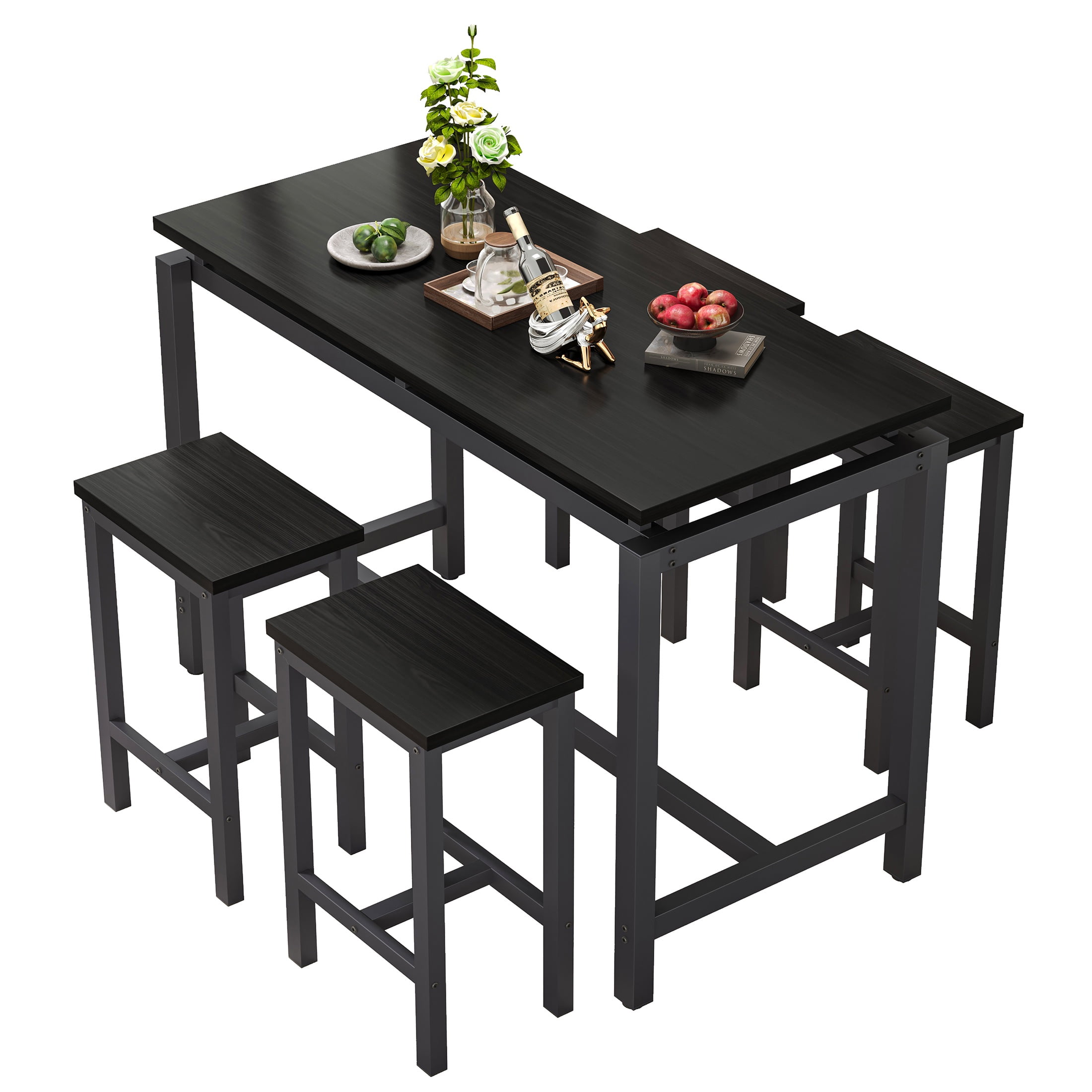 5 Pieces Dining Table Set, Black Kitchen Tables Set with 4 Stools ...