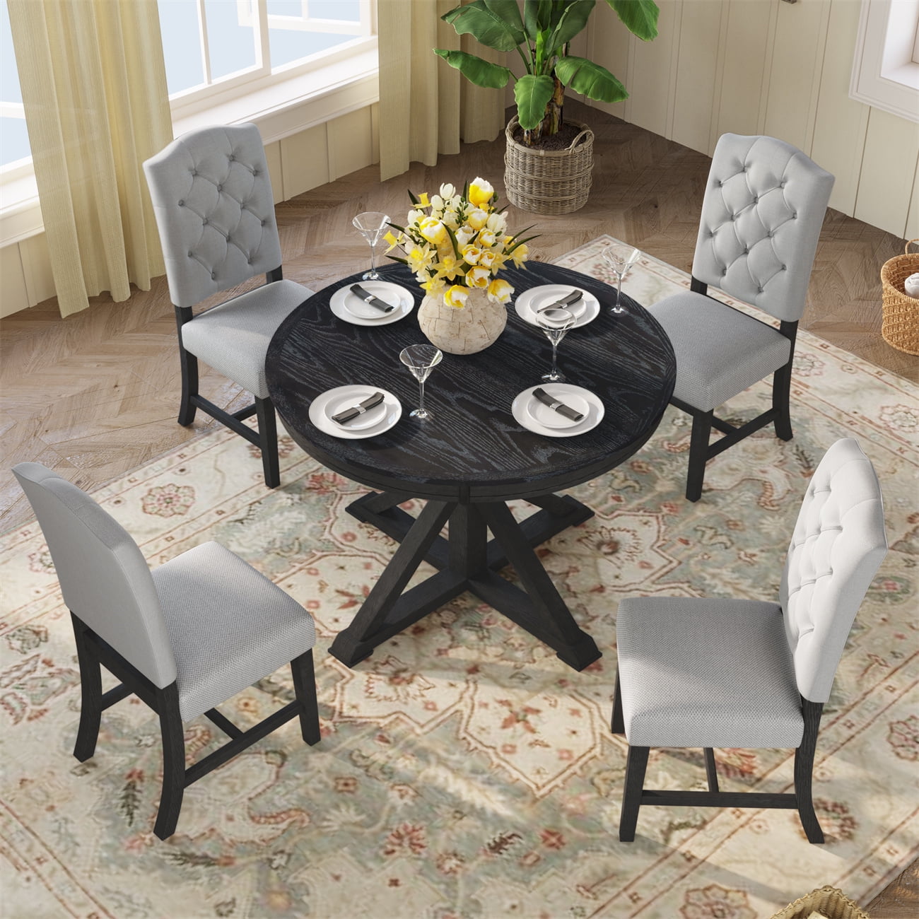 5 Pieces Dining Table Set, Extendable Dining Table with 4 Upholstered ...