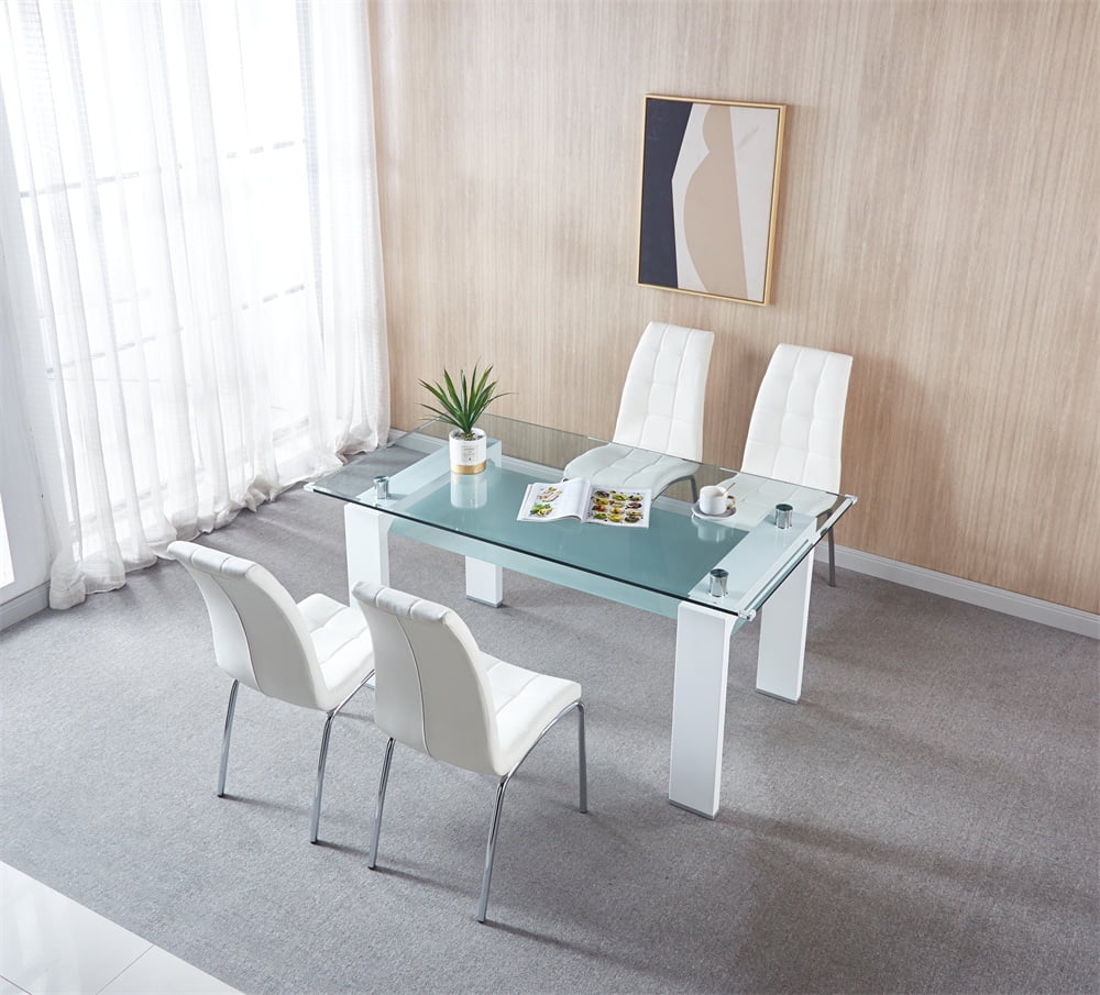 5 Pieces Dining Table Set, Modern Rectangular Double-Layer Tempered ...