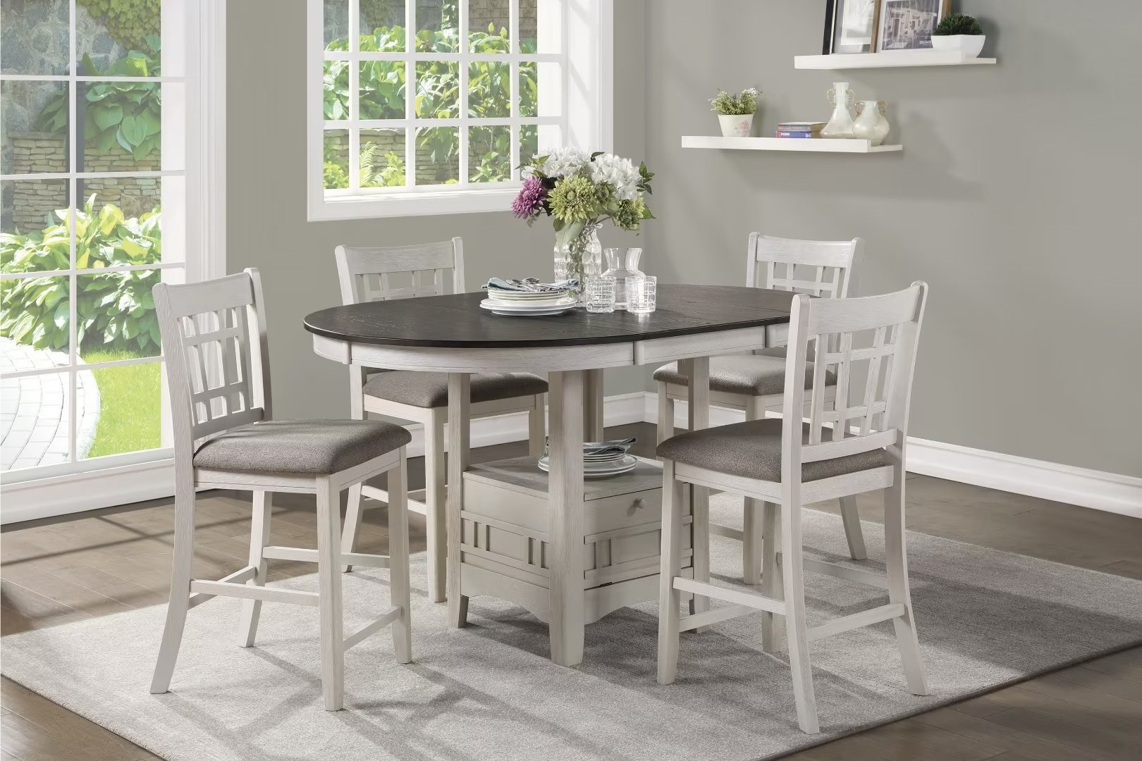 5 Pieces Dining Table Set, Traditional Design Counter Height Dining ...