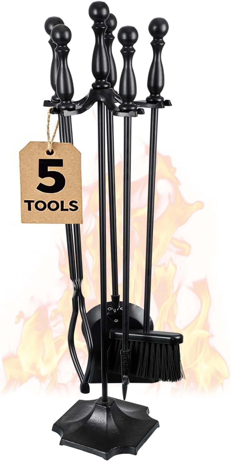 5 Pieces Fireplace Tools Set Indoor Outdoor 31" Wrought Iron Large Fire ...