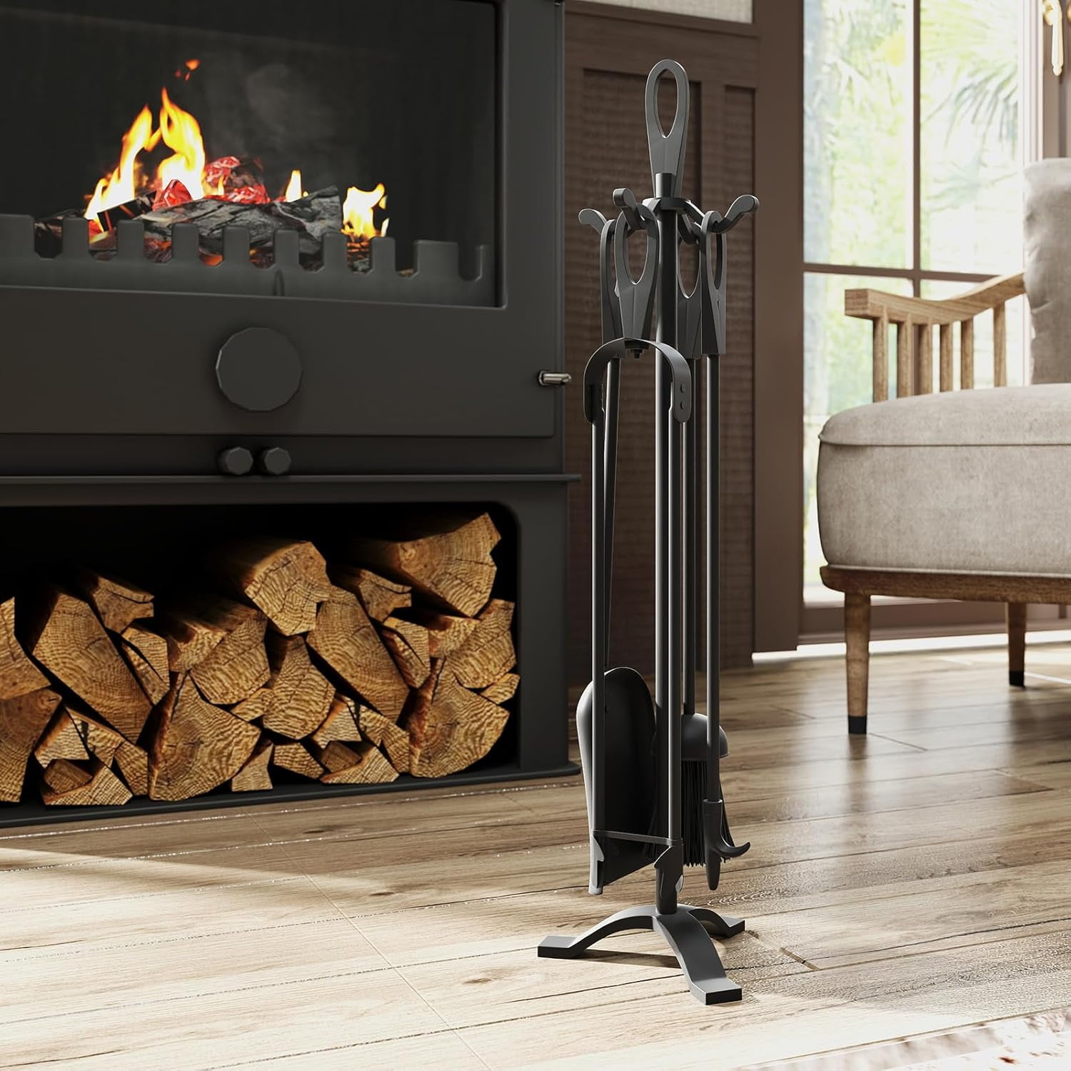 5 Pieces Fireplace Tools Set, Wrought Iron Fireplace Tools with ...
