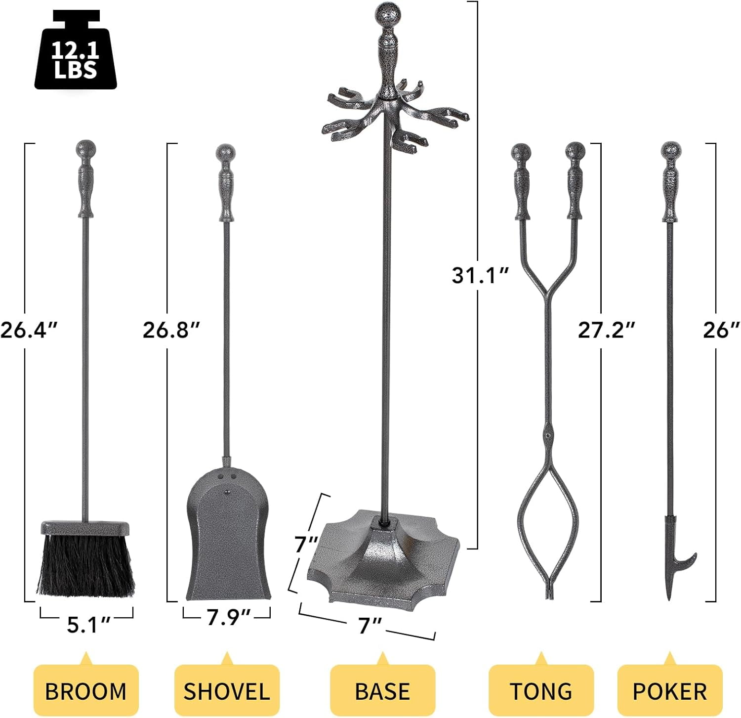 5 Pieces Fireplace Tools Set, Wrought Iron with Silver Pattern ...