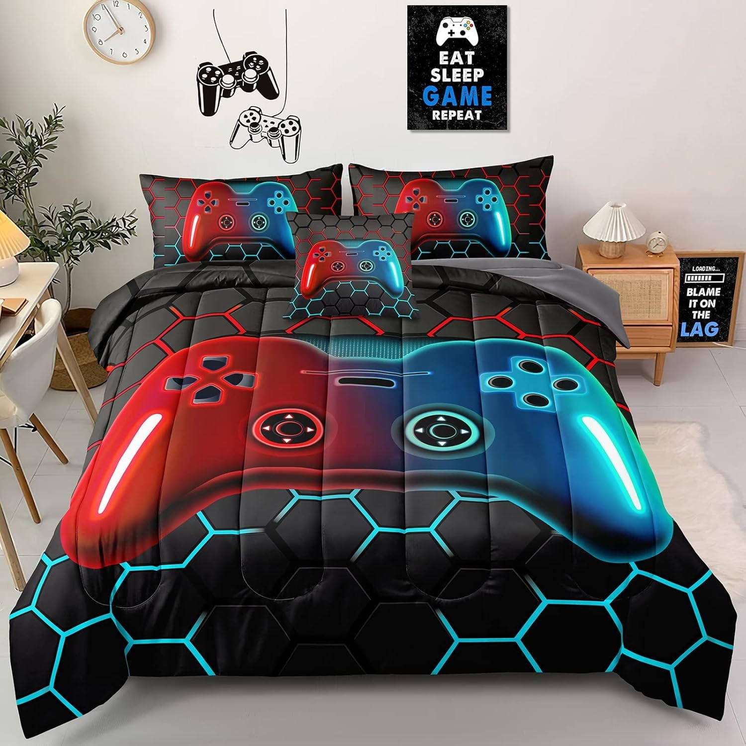 5 Pieces Gaming Bedding Set Twin Size for Boys Gamer Comforter Set for ...