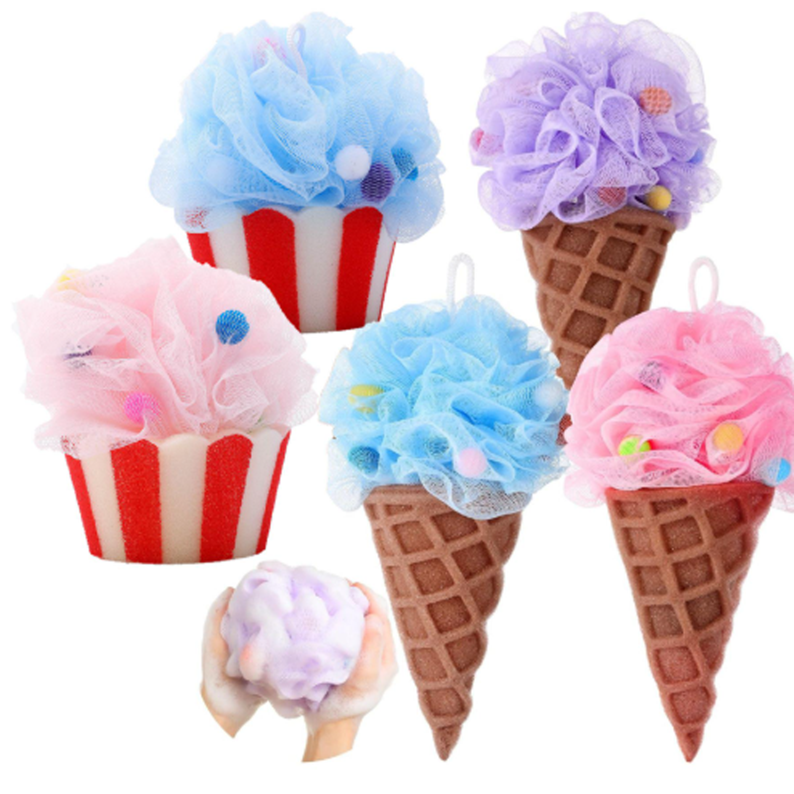 5 Pieces Loofah Ice Cream Cone Bath Sponge Girls Women Bath Shower ...