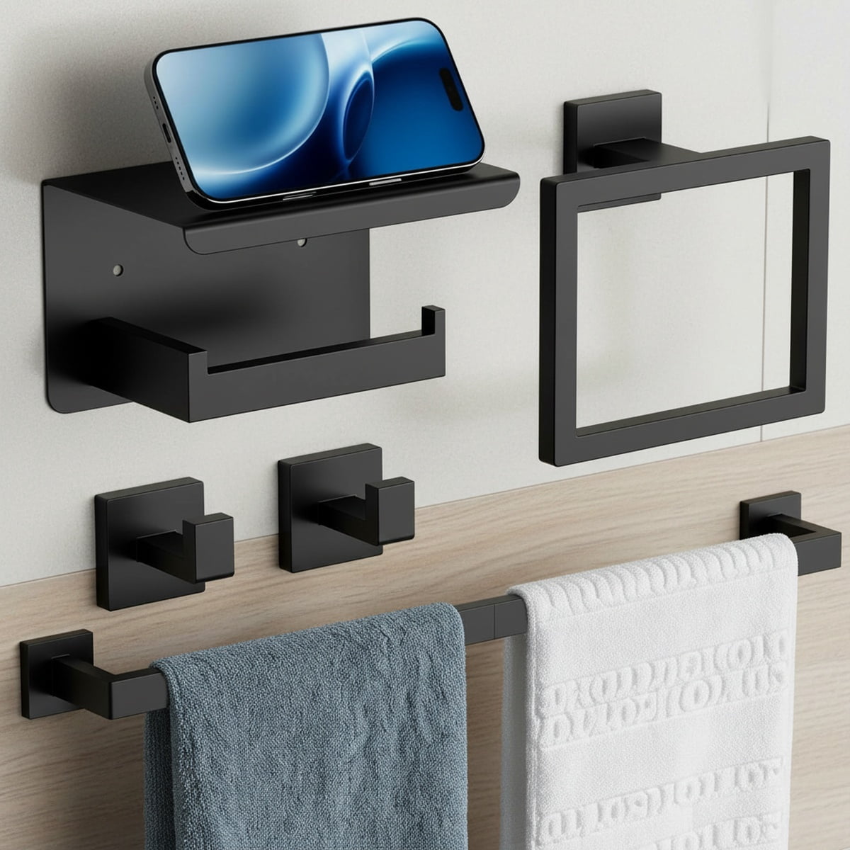 5-Pieces Matte Black Towel Bar Sets, Bathroom Hardware Kit, Towel Racks ...