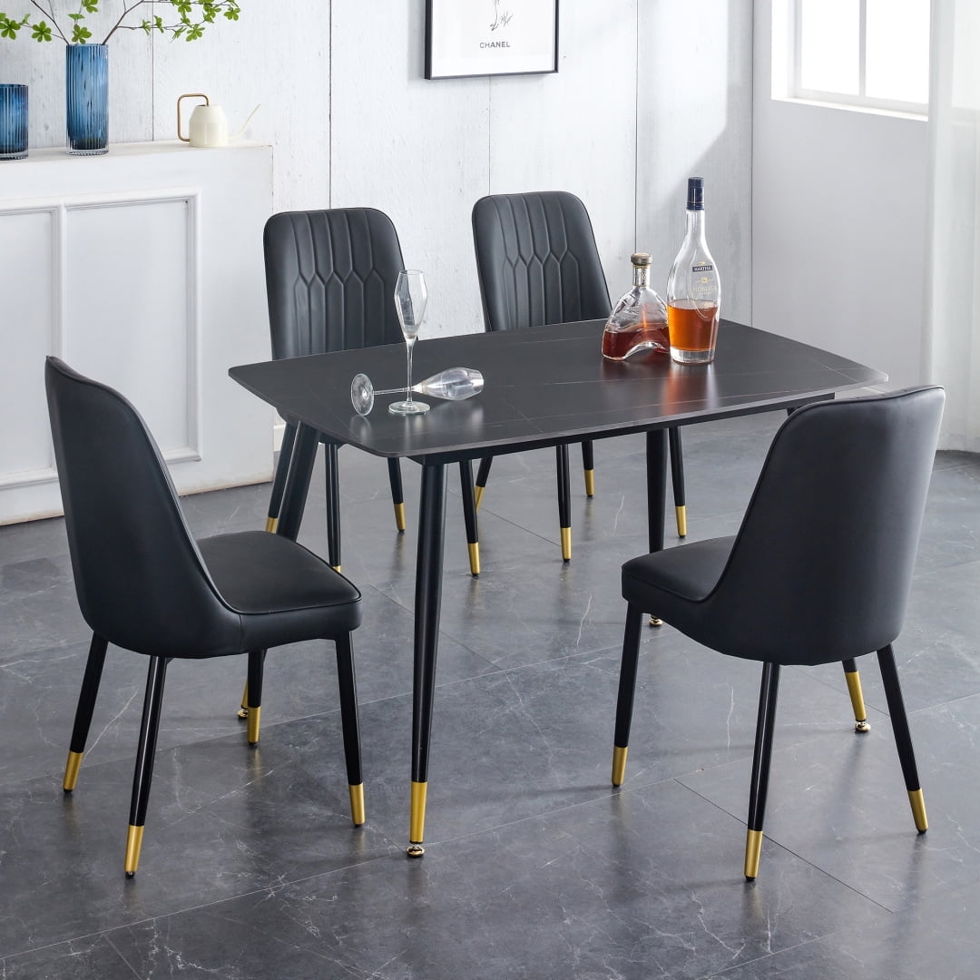 5 Pieces Modern Dining Table Set, Black Sintered Stone Tabletop Kitchen ...