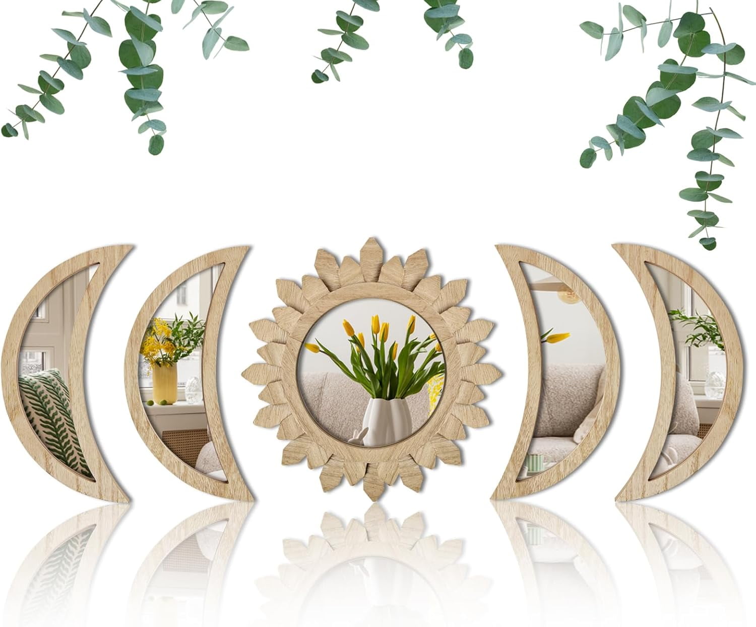 5 Pieces Moon Phase Mirror Wall-Mounted Wall Decor Mirrors Natural Wooden Sunburst Bohemian Wall ...