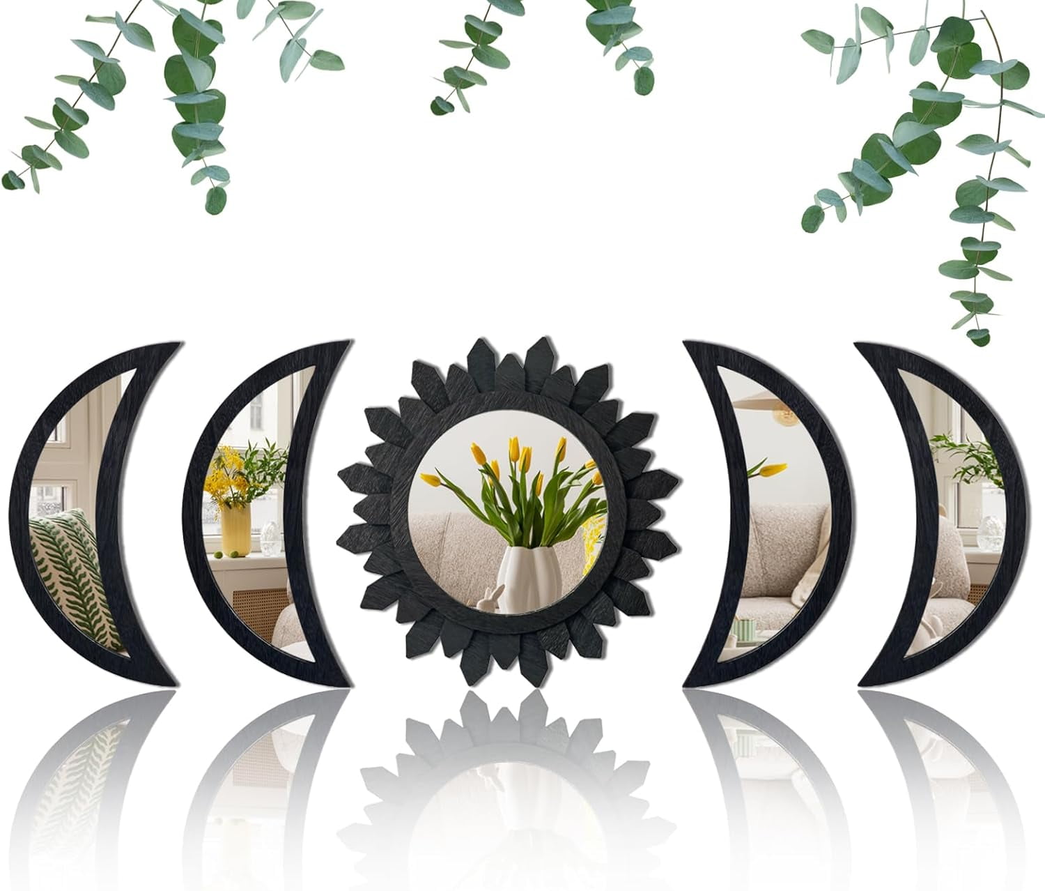5 Pieces Moon Phase Mirror Wall-Mounted Wall Decor Mirrors Natural ...