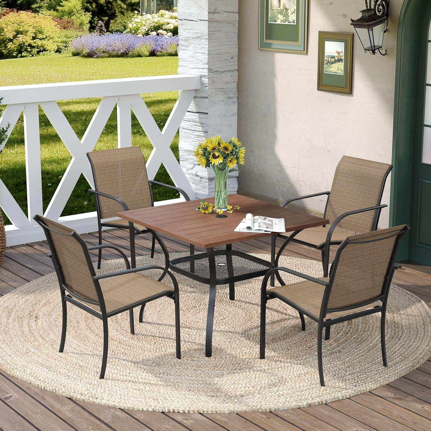 5 Pieces Outdoor Dining Table Chair Set, Patio Dining Set with 1 Walnut ...