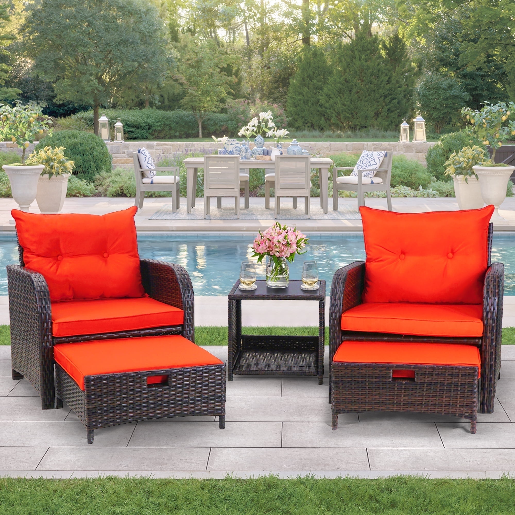 5 Pieces Outdoor Patio Chairs with Ottomans, PE Wicker Rattan Outdoor ...