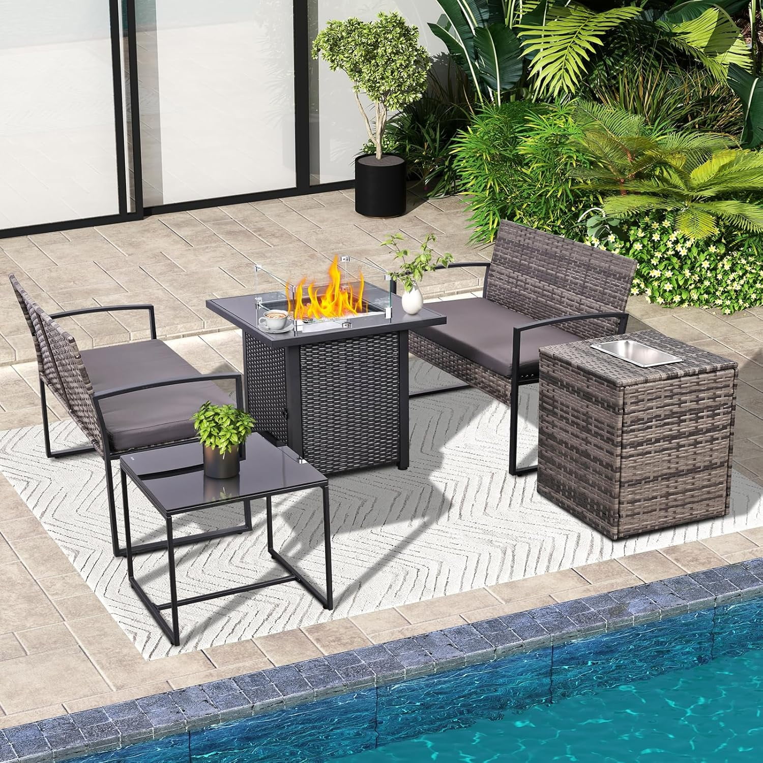 5 Pieces Outdoor Patio Furniture Set with 28”Gas Fire Pit Table, Wicker ...