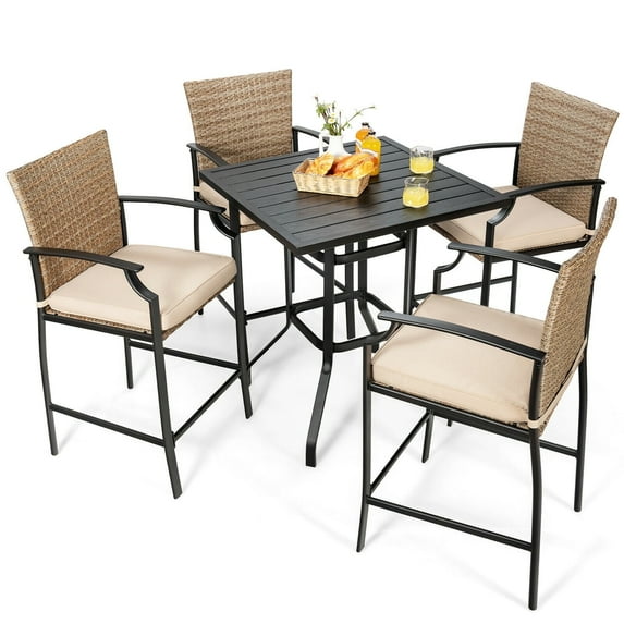 5 Pieces Outdoor Rattan Bistro Bar Stool Table Set with Cushions ...